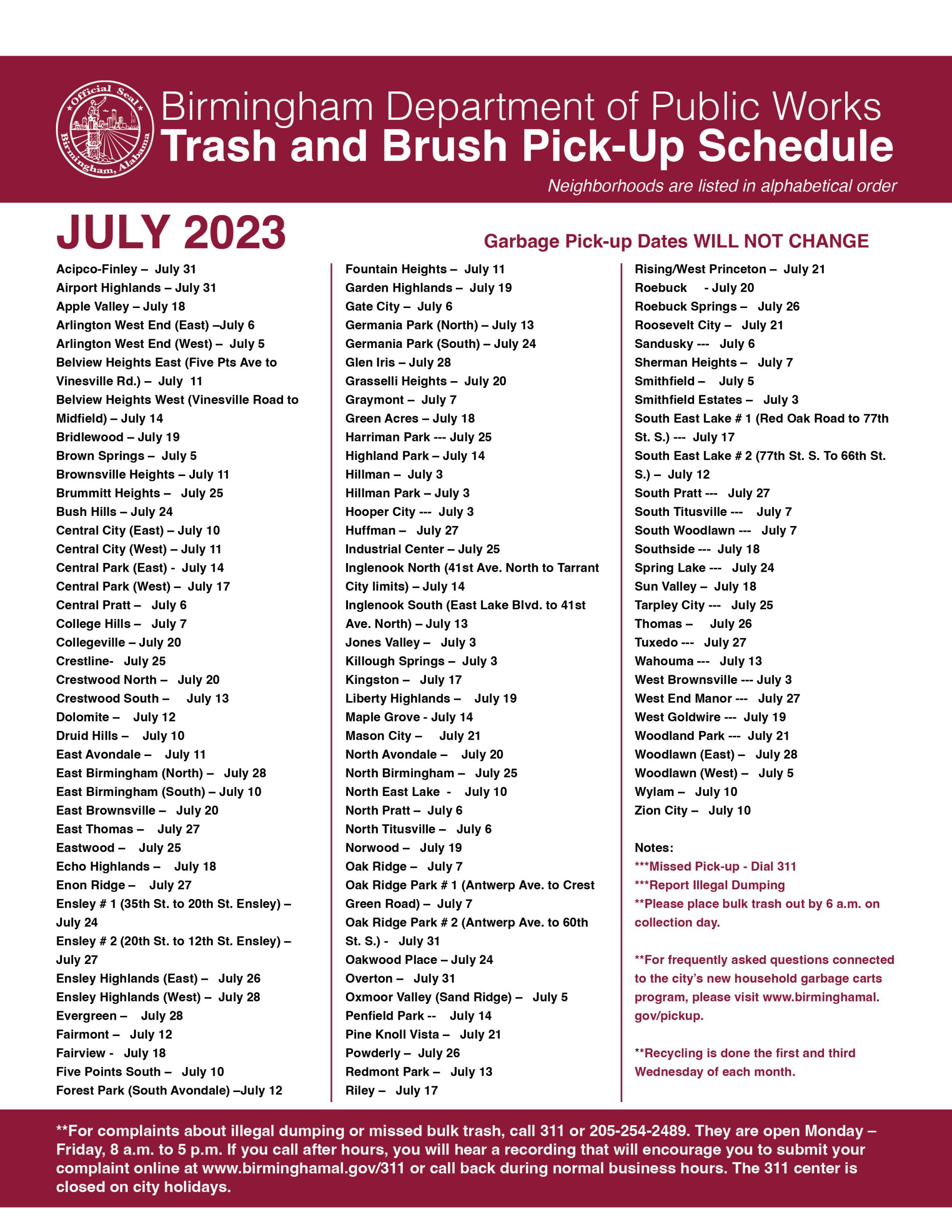July 2023 Bulk Trash Schedule | District 6 Birmingham, Alabama